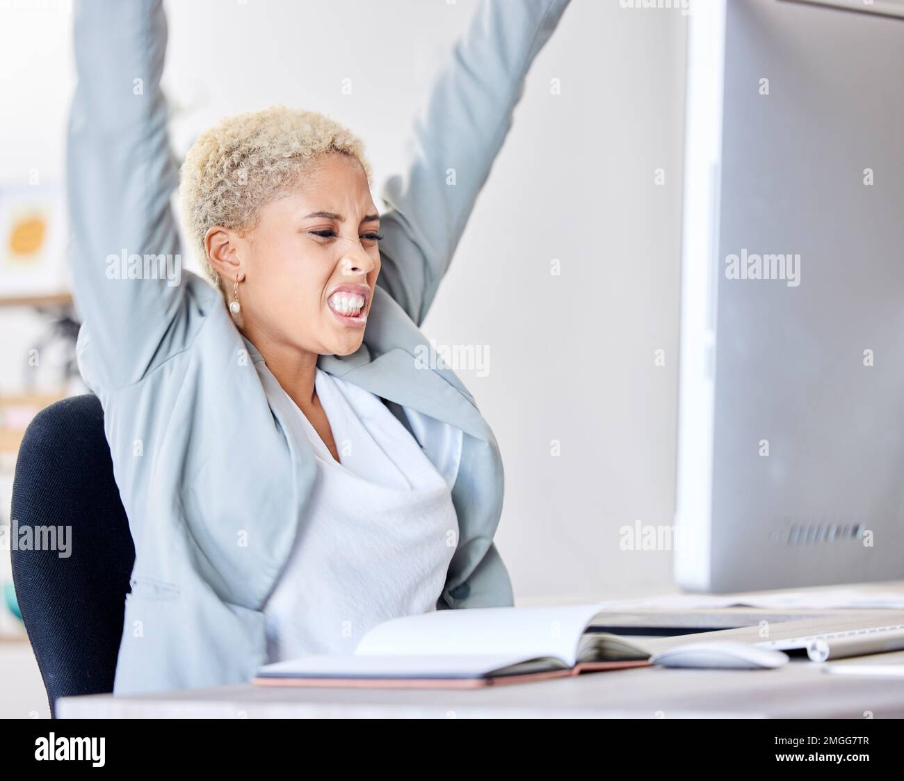 Winner, success and motivation with a business black woman cheering ...