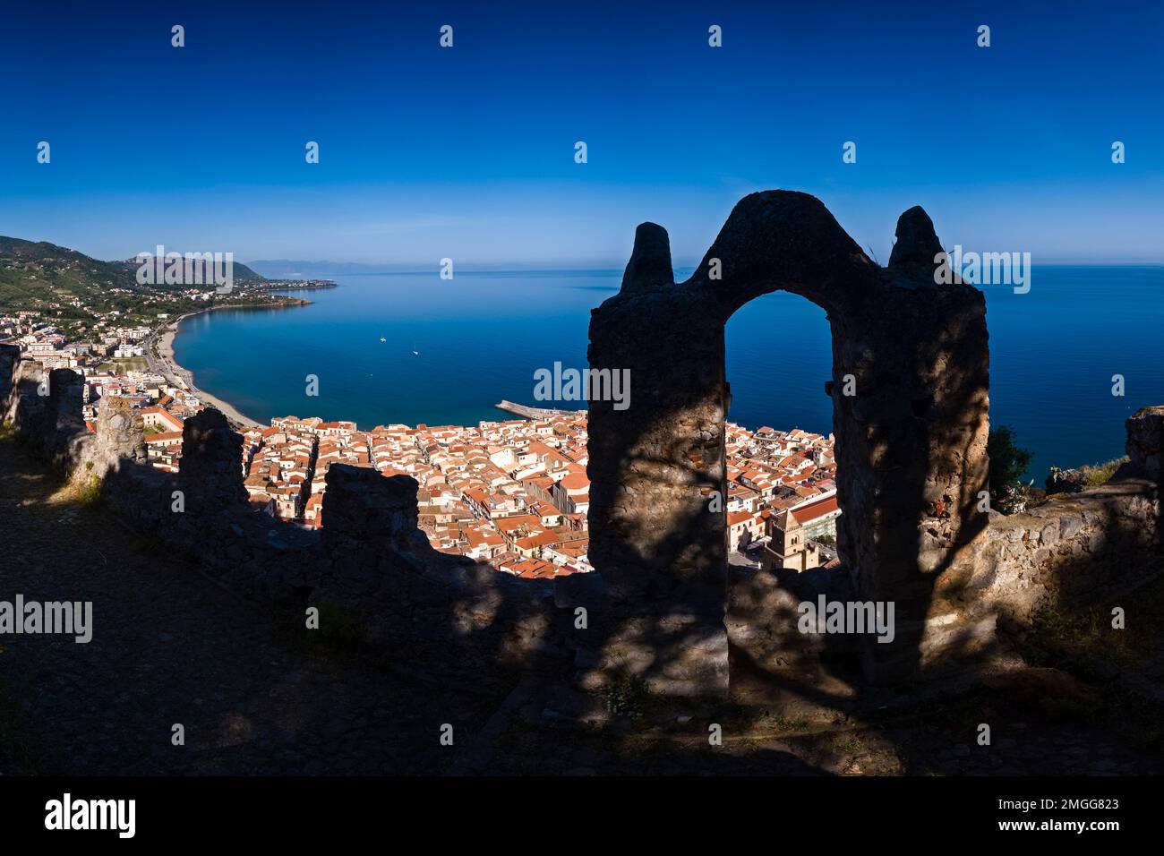 Aerial view of the center of the medieval town of Cefalu, located on ...
