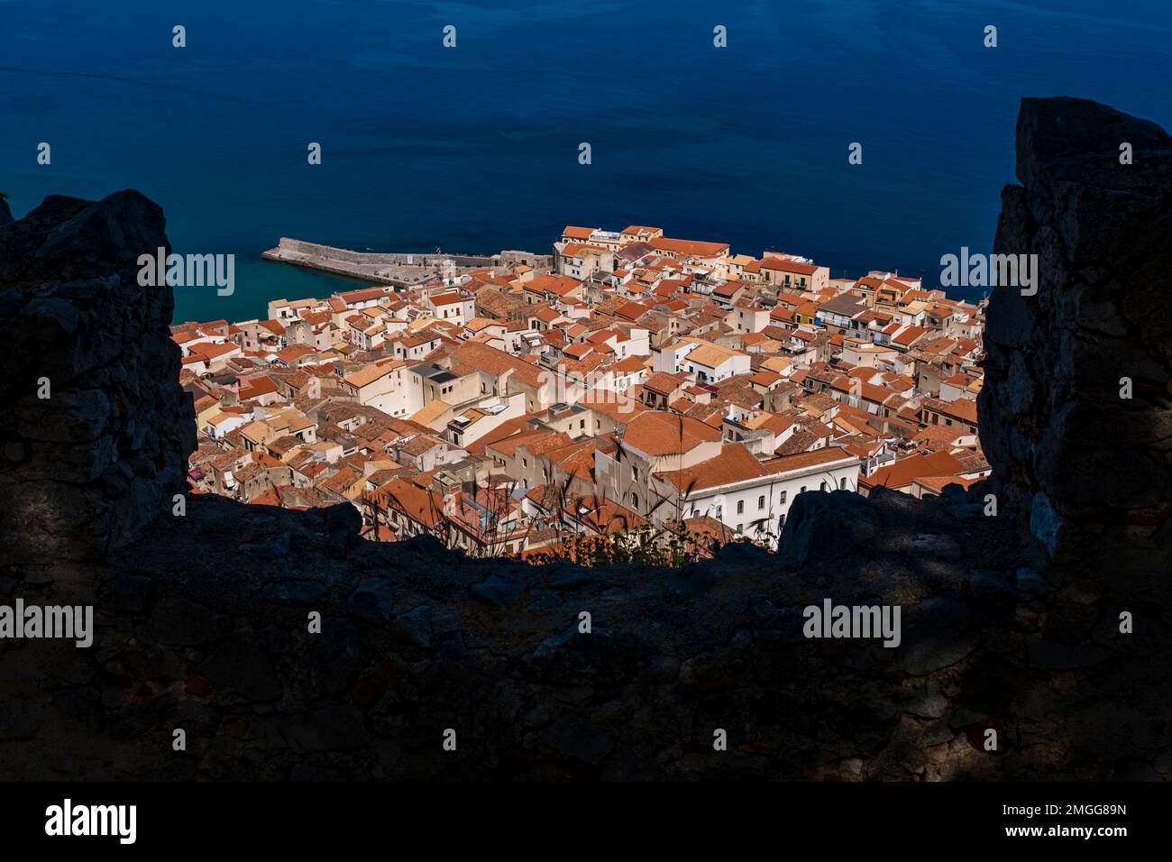 Aerial view of the center of the medieval town of Cefalu, located on ...