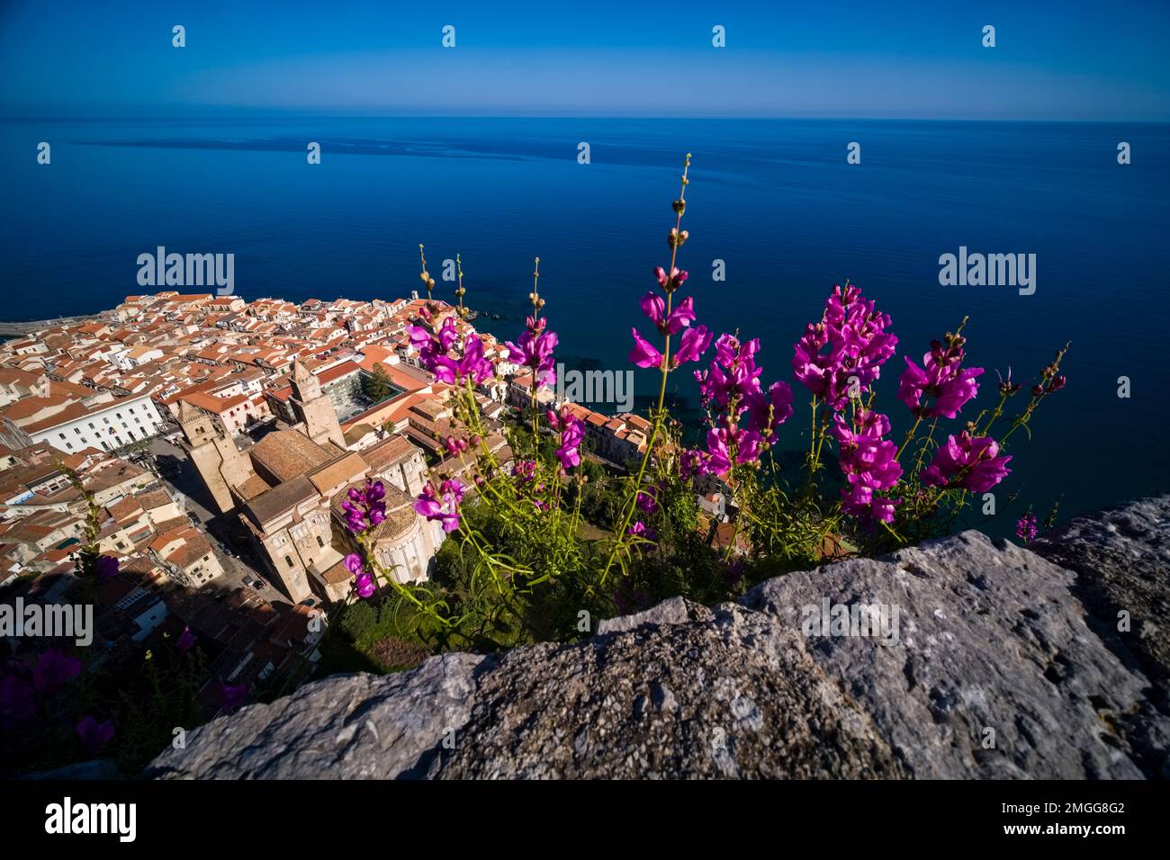 Aerial view of the center of the medieval town of Cefalu, located on ...