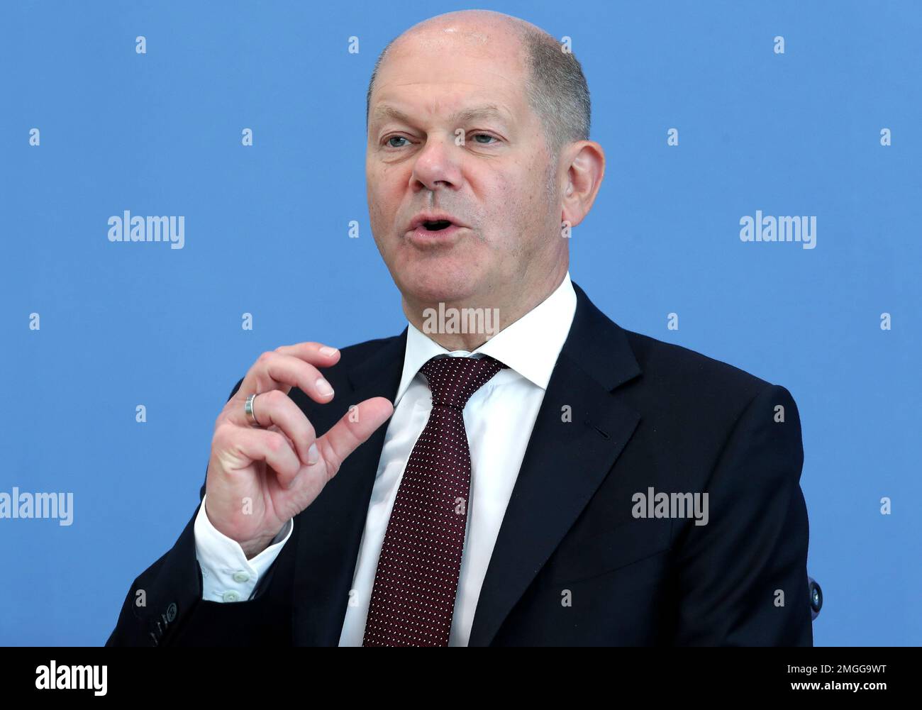 German Finance Minister Olaf Scholz addresses the media during a press ...