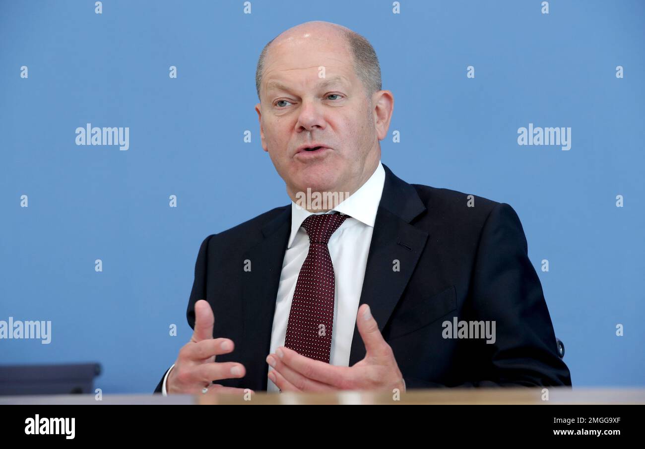 German Finance Minister Olaf Scholz addresses the media during a press ...