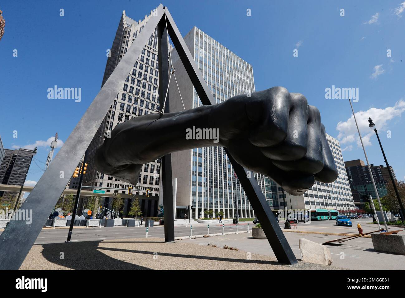 The Monument to Joe Louis statue is seen, Tuesday, May 12, 2020 in ...