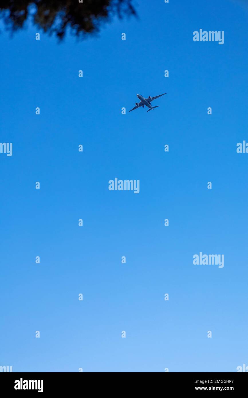 View of airplane flying in blue sky. Vertical photo. High quality photo ...