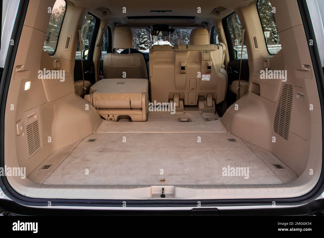 Huge, clean and empty car trunk in interior of compact suv. Rear view ...