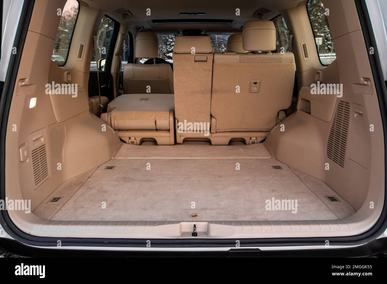Huge, clean and empty car trunk in interior of compact suv. Rear view ...