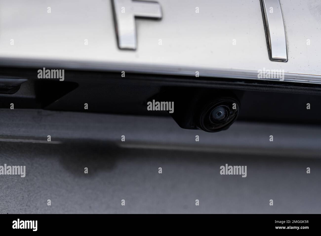 Rear view camera. Modern car rear view camera close up. Parking ...