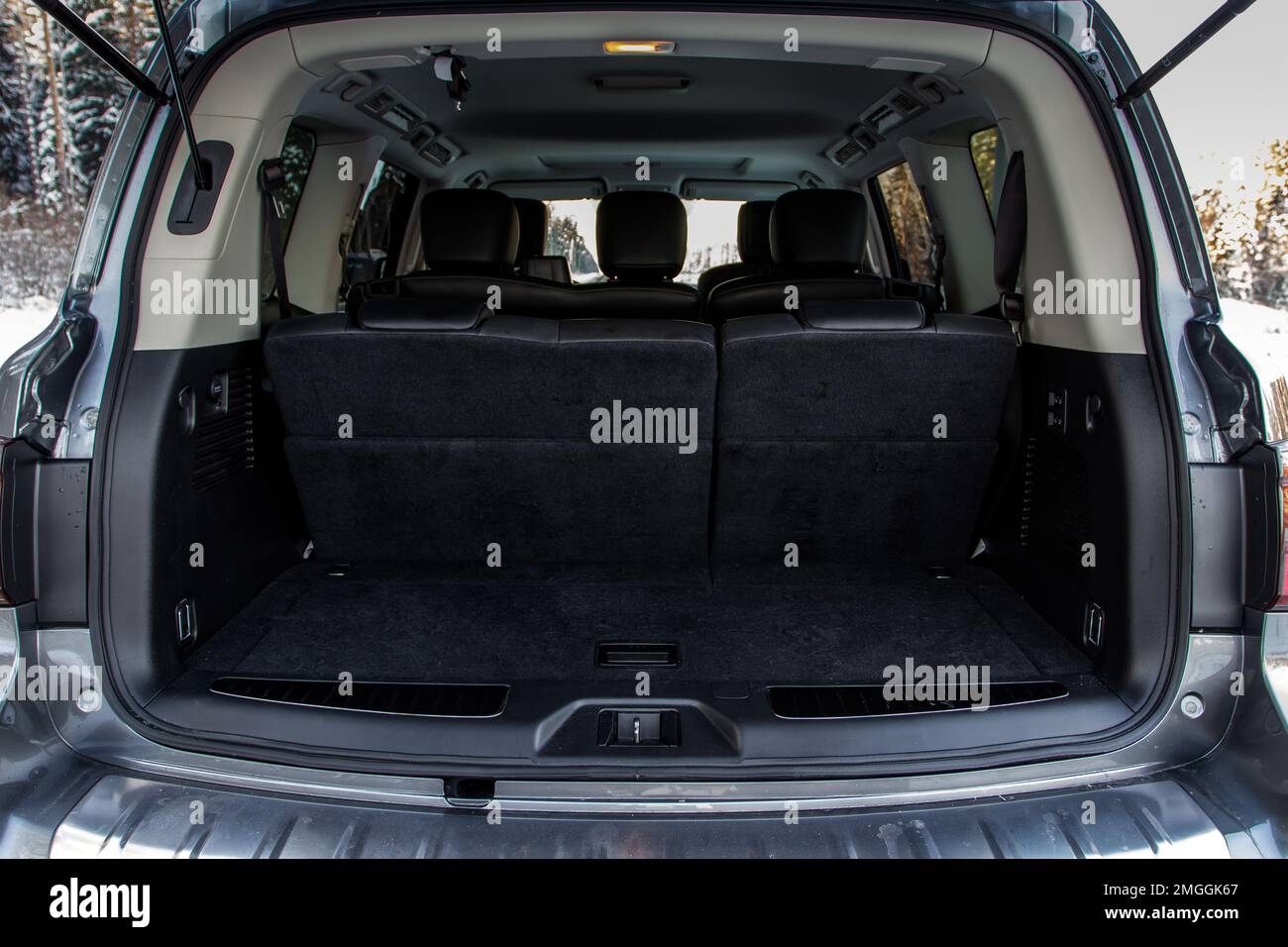 Huge, clean and empty car trunk in interior of compact suv. Rear view ...