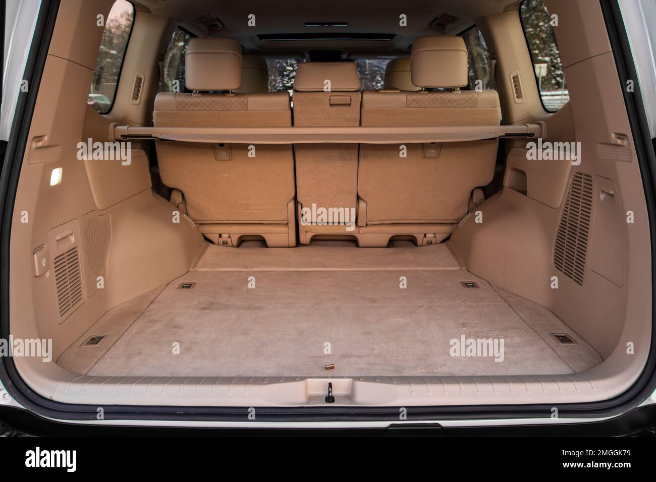 Huge, clean and empty car trunk in interior of compact suv. Rear view ...