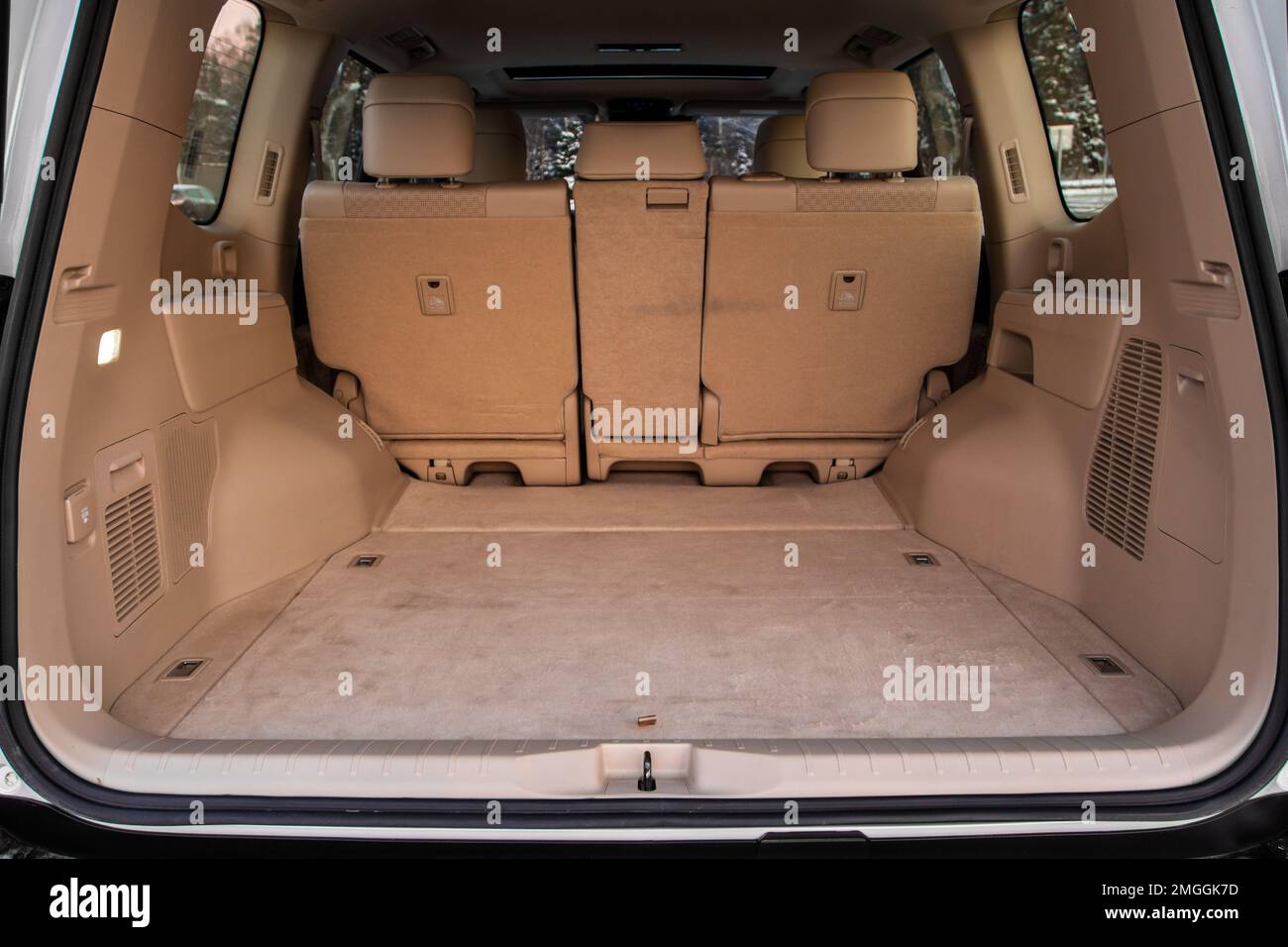 Huge, clean and empty car trunk in interior of compact suv. Rear view ...