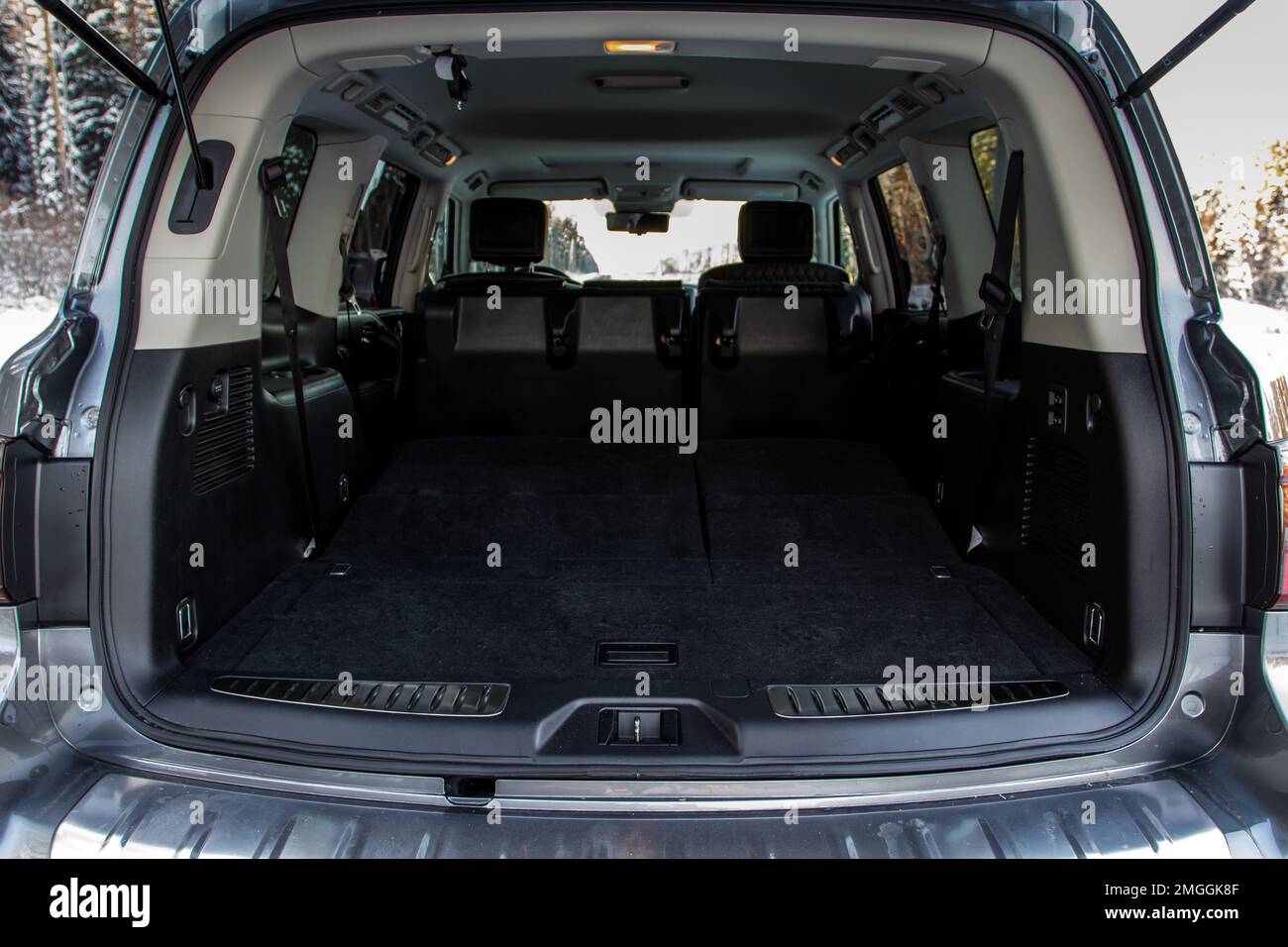 Huge, clean and empty car trunk in interior of compact suv. Rear view ...
