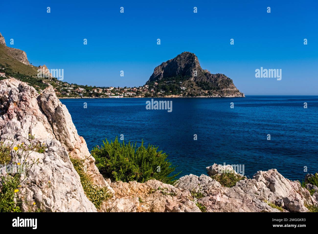 The rock of Capo Zafferano, seen over the sea from Sant'Elia Stock ...