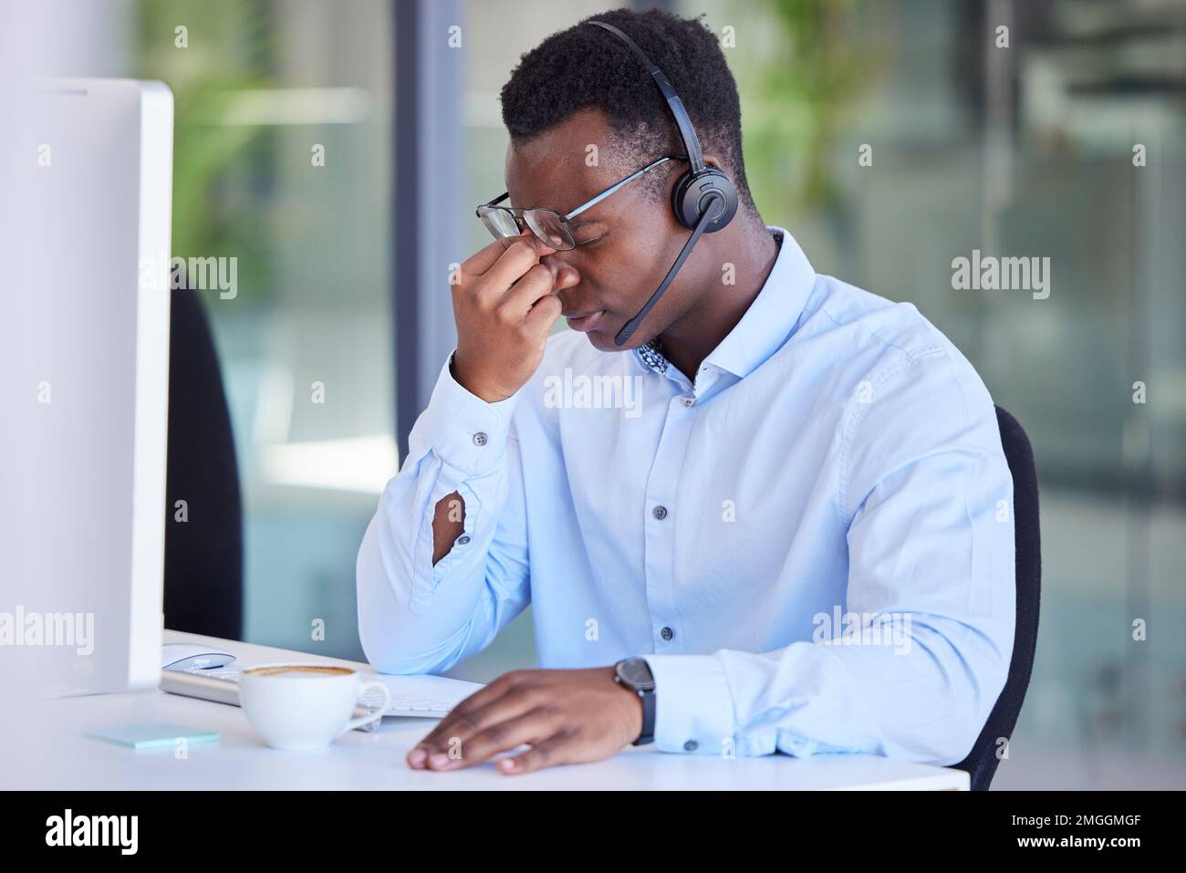 Tired headache and call center with businessman at computer for ...