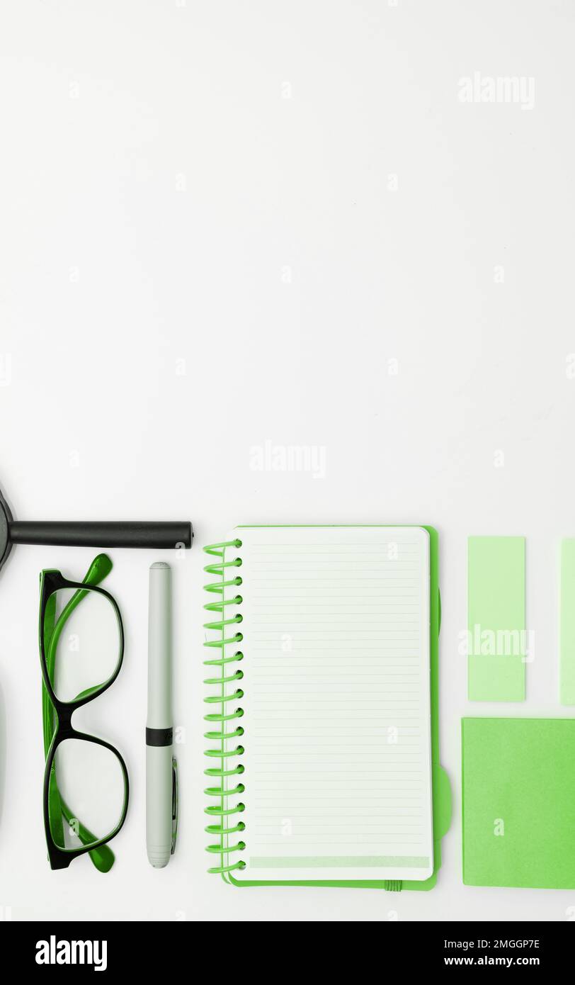 Office Supplies Over Desk With Keyboard And Glasses And Coffee Cup For ...