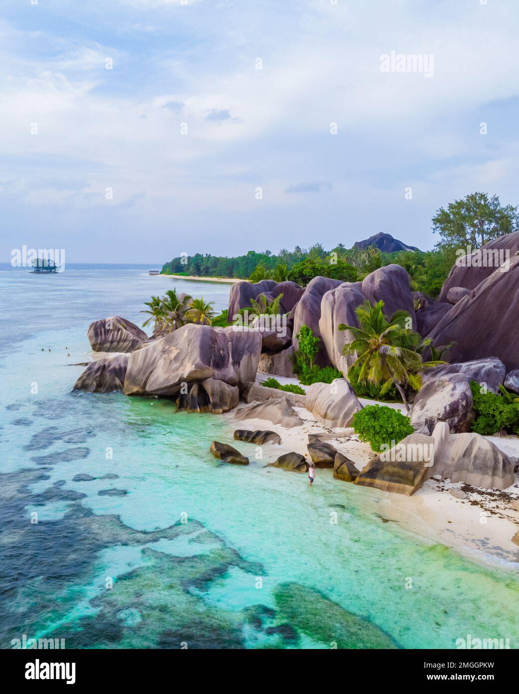 Drone view from above at a tropical beach in the Seychelles, Anse ...