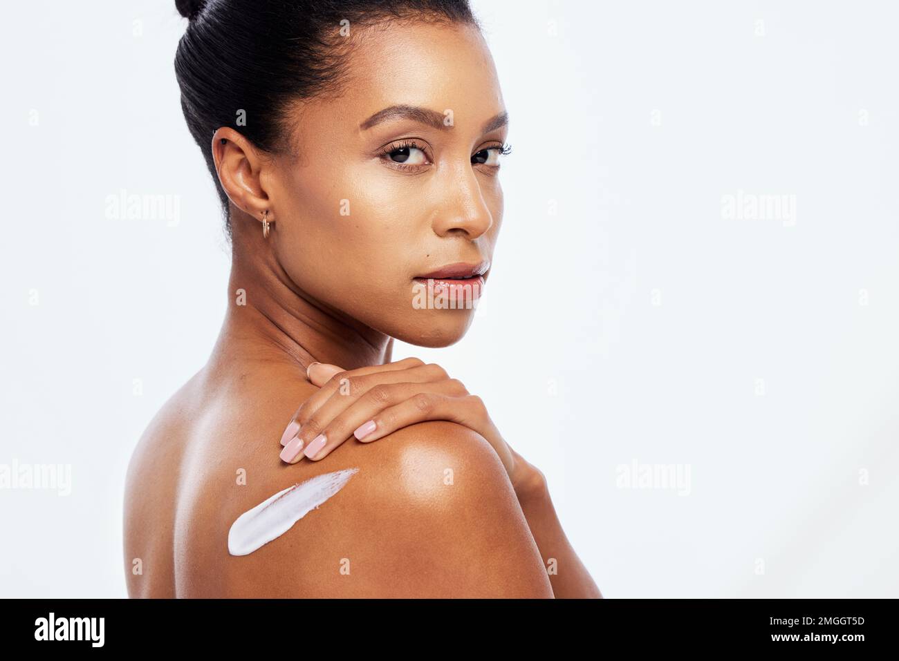 Woman portrait, beauty and body cream on skin in studio for dermatology ...