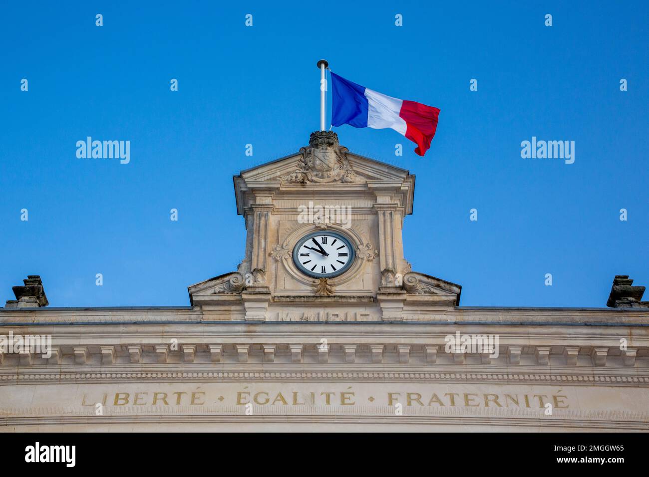 French tricolor flag with mairie liberte egalite fraternite france text ...