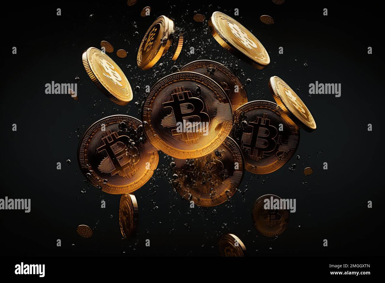Glowing golden Bitcoin coins floating in the air. Isolated against a ...
