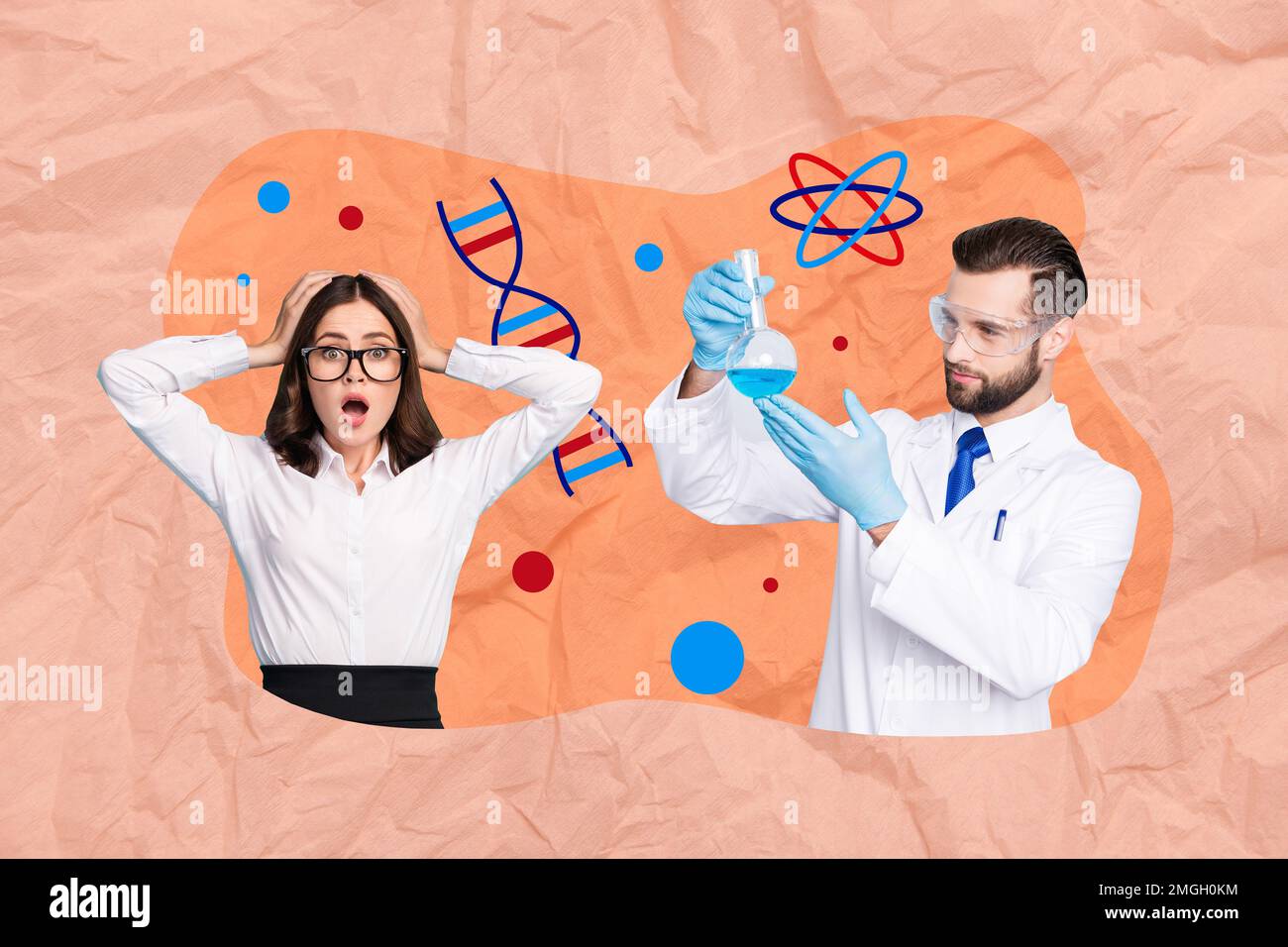 Creative photo banner template laboratory concept collage of two young ...