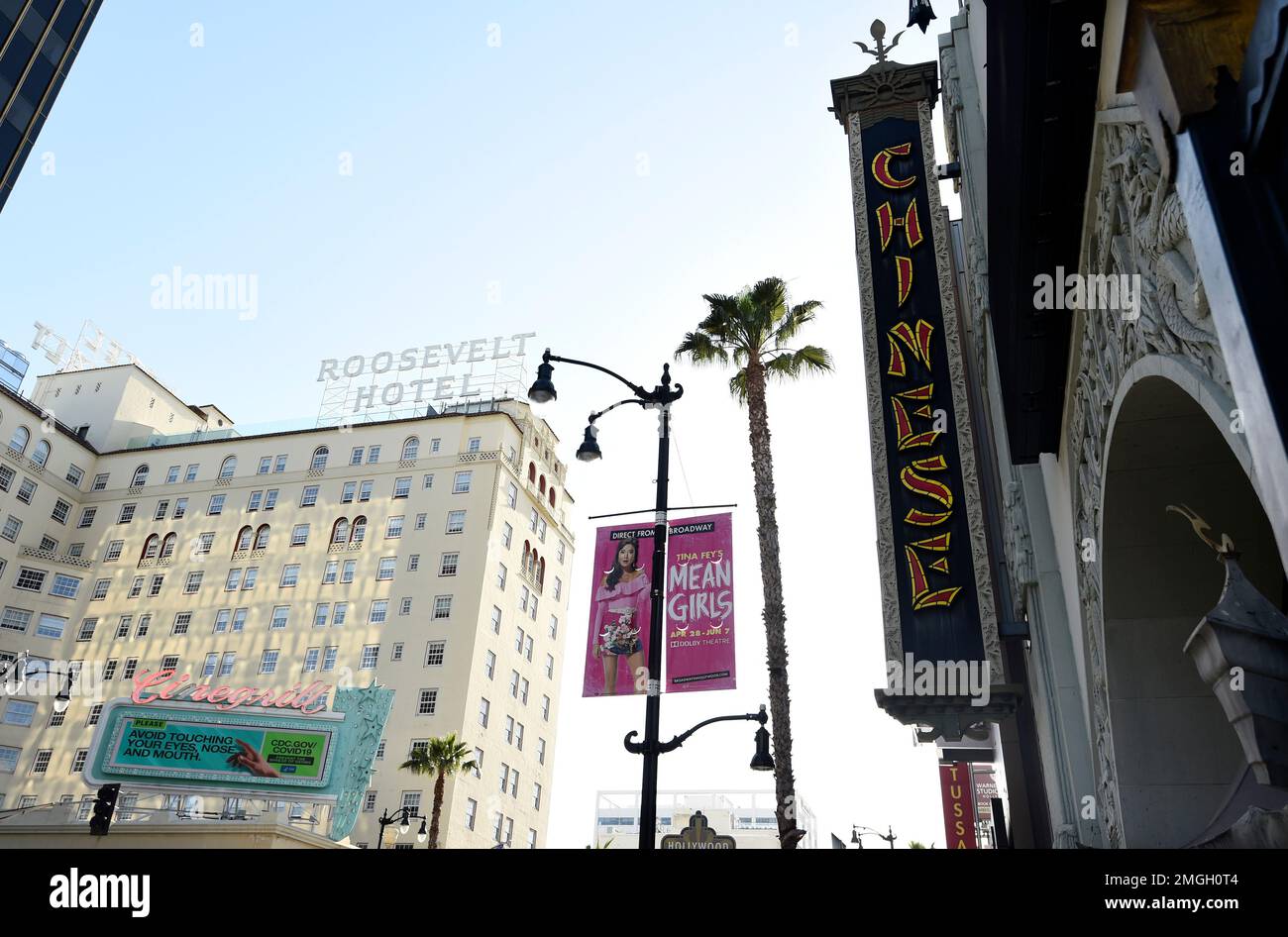 The TCL Chinese Theatre sign and the Hollywood Roosevelt hotel on ...