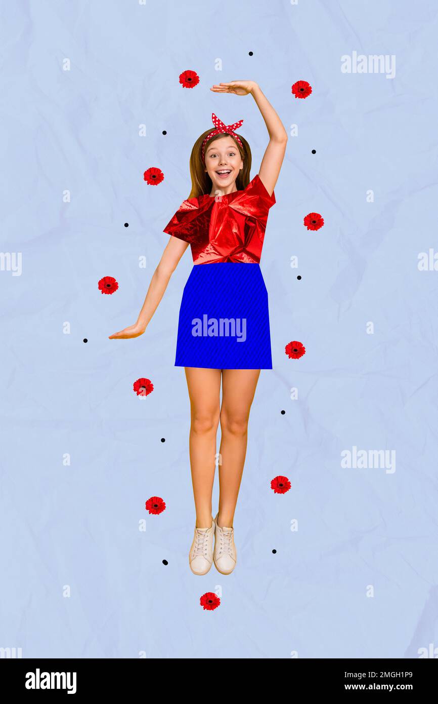 Photo collage artwork minimal picture of dreamy excited little lady ...