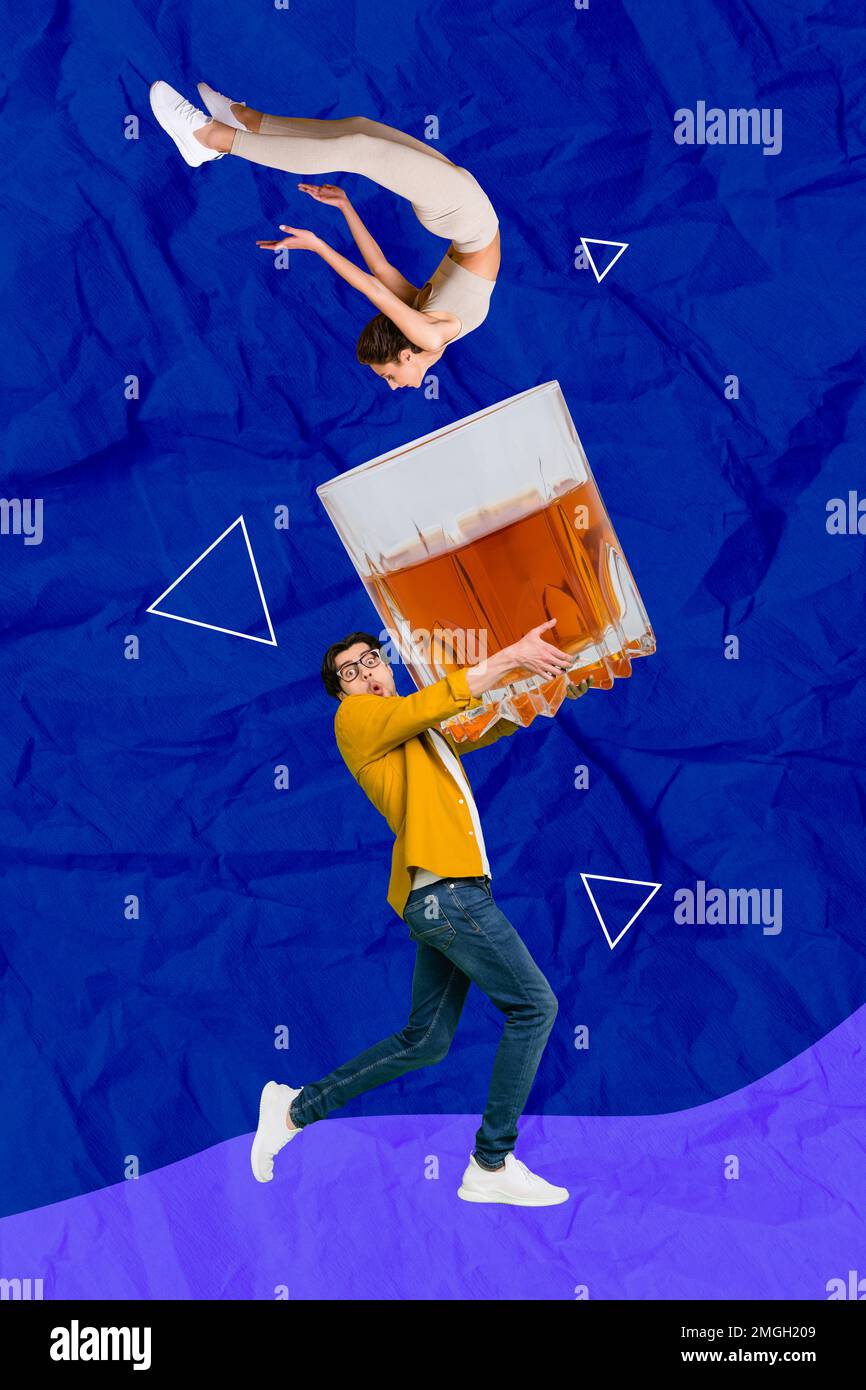 Vertical funny collage artwork of chilling have fun overjoyed people ...