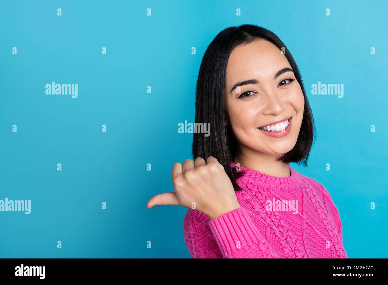 Profile portrait of gorgeous positive girl beaming smile direct thumb ...