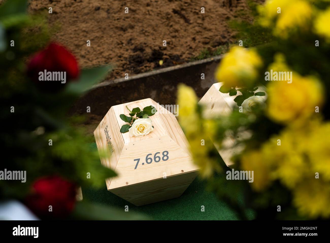 In this Wednesday, Oct. 2, 2019 photo, a small coffin with remains of a ...