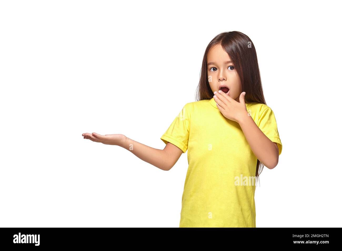 Little girl holds out her hand in surprise Stock Photo - Alamy