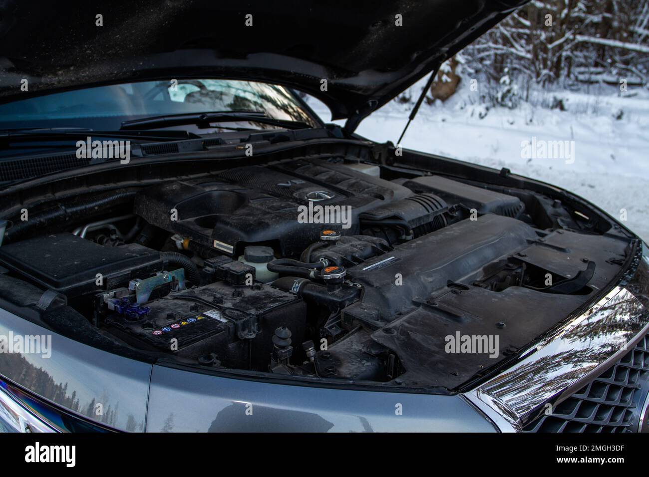 MOSCOW, RUSSIA - DECEMBER 11, 2021 Infiniti QX80 (QX56) engine. SUV car ...