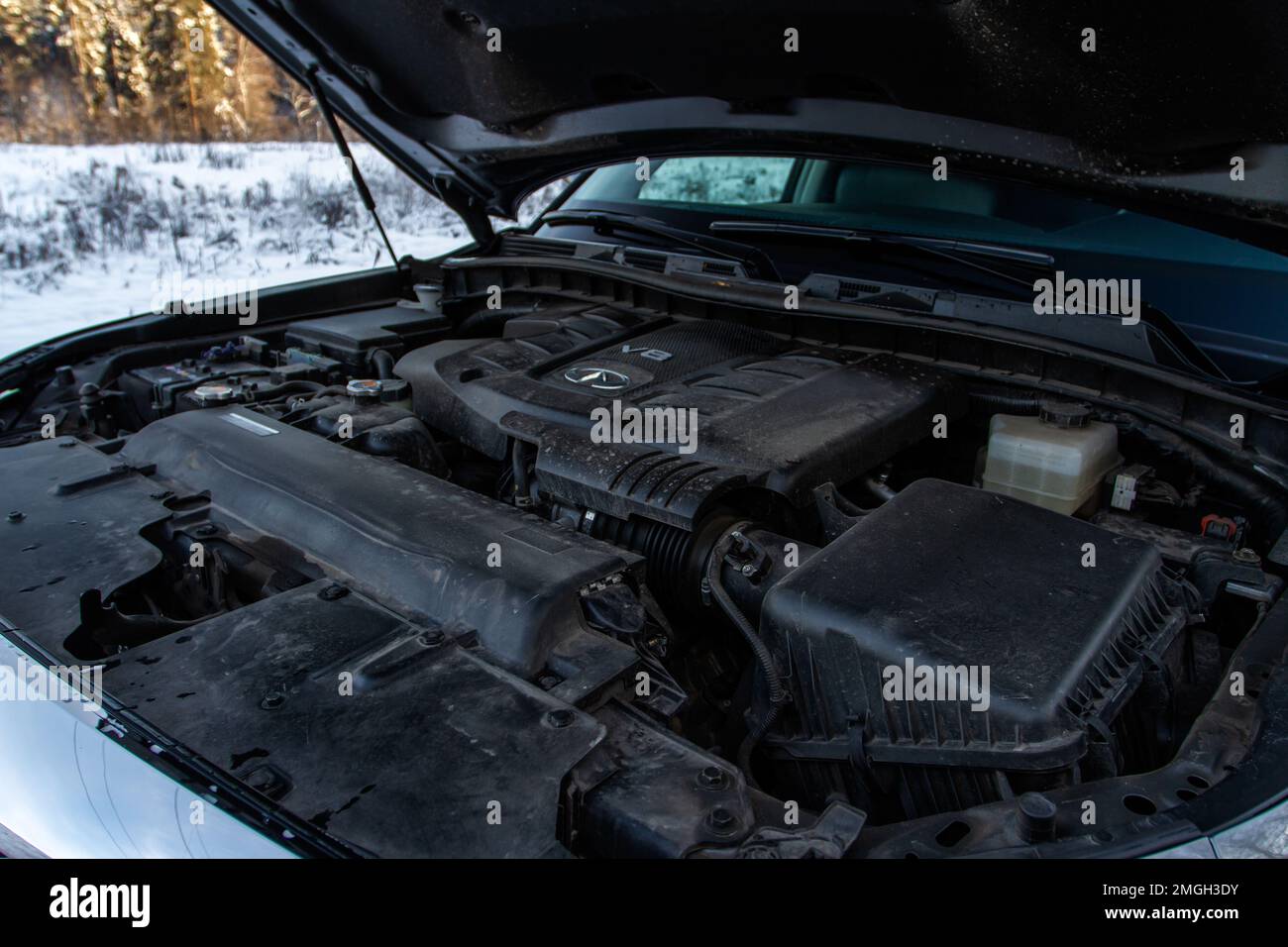 MOSCOW, RUSSIA - DECEMBER 11, 2021 Infiniti QX80 (QX56) engine. SUV car ...