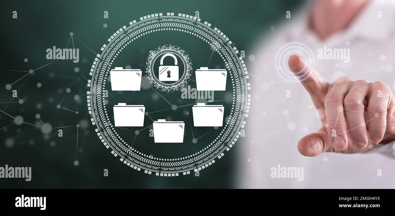 Man touching a data protection concept on a touch screen with his ...