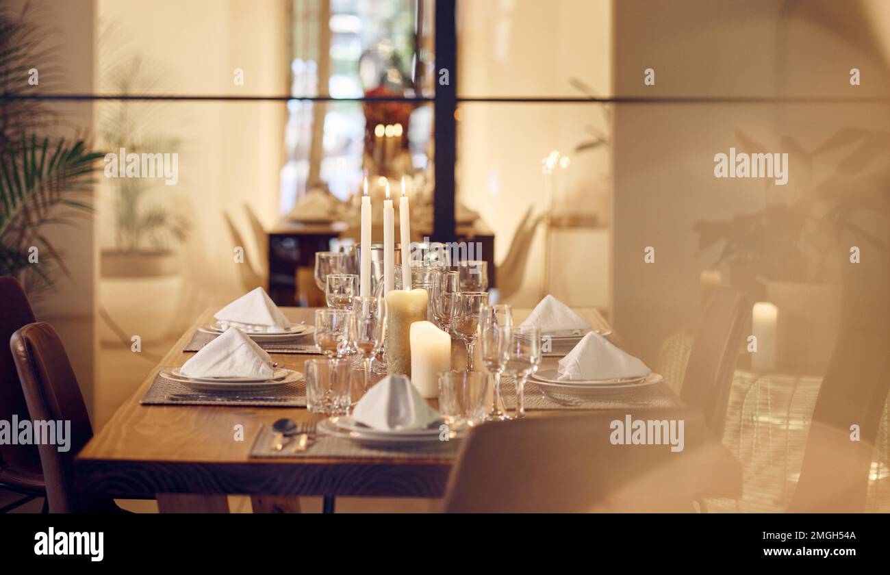 Restaurant, fine dining or table in dinner celebration, birthday or new ...