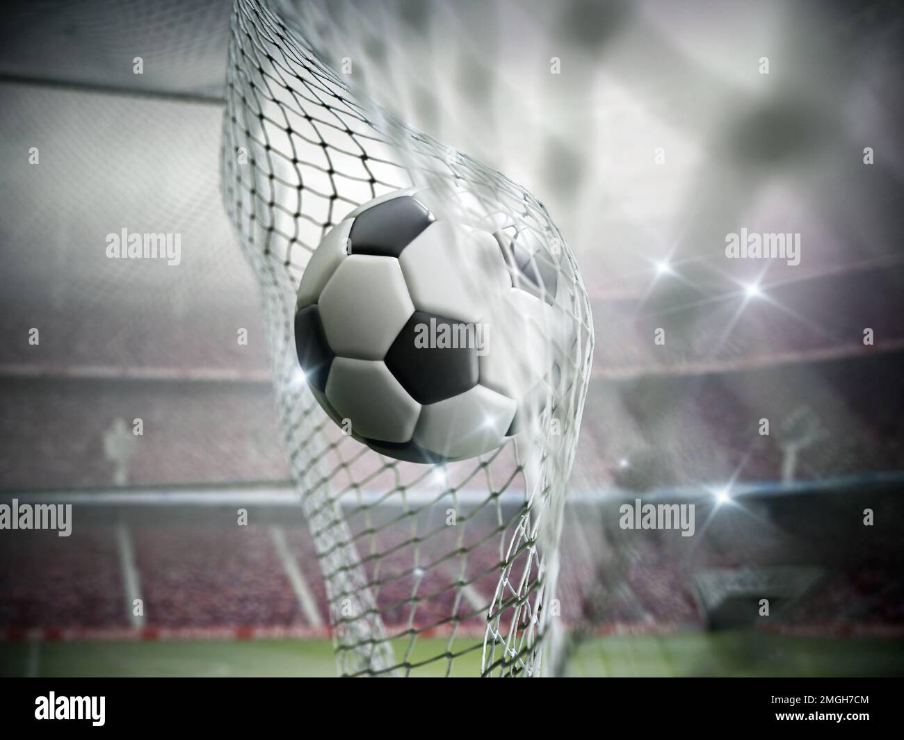Soccer ball on the net. Soccer goal. 3D illustration Stock Photo - Alamy