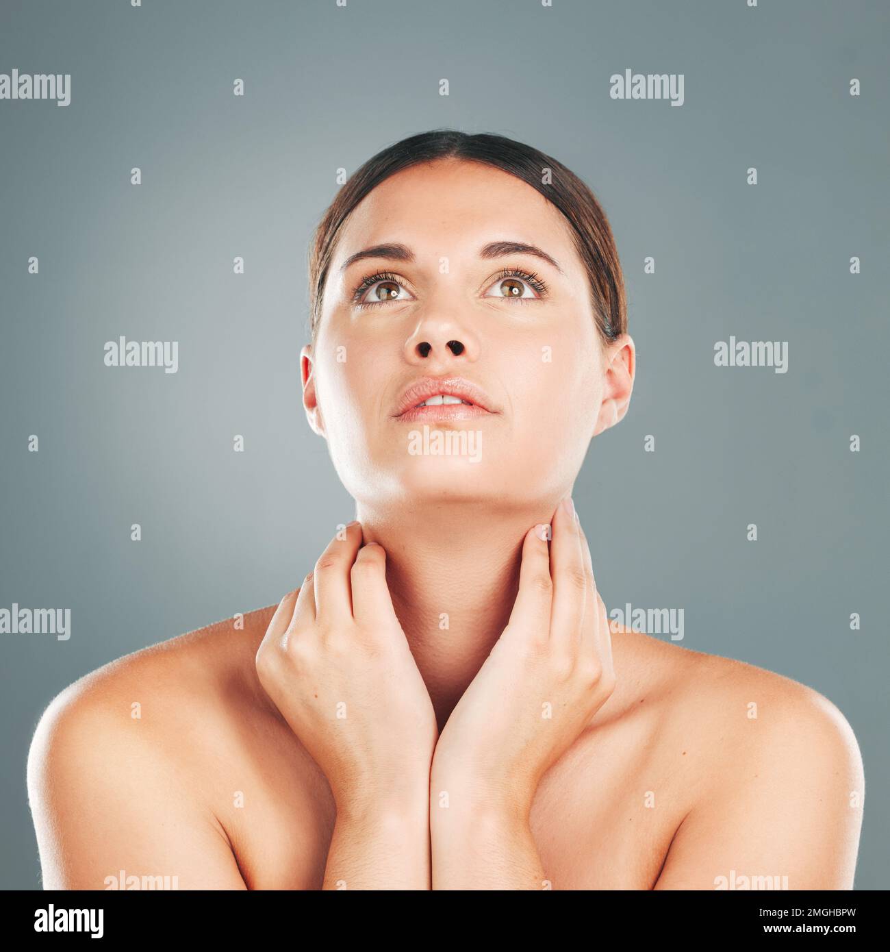 Woman, beauty and hands on neck in skincare satisfaction for cosmetic ...
