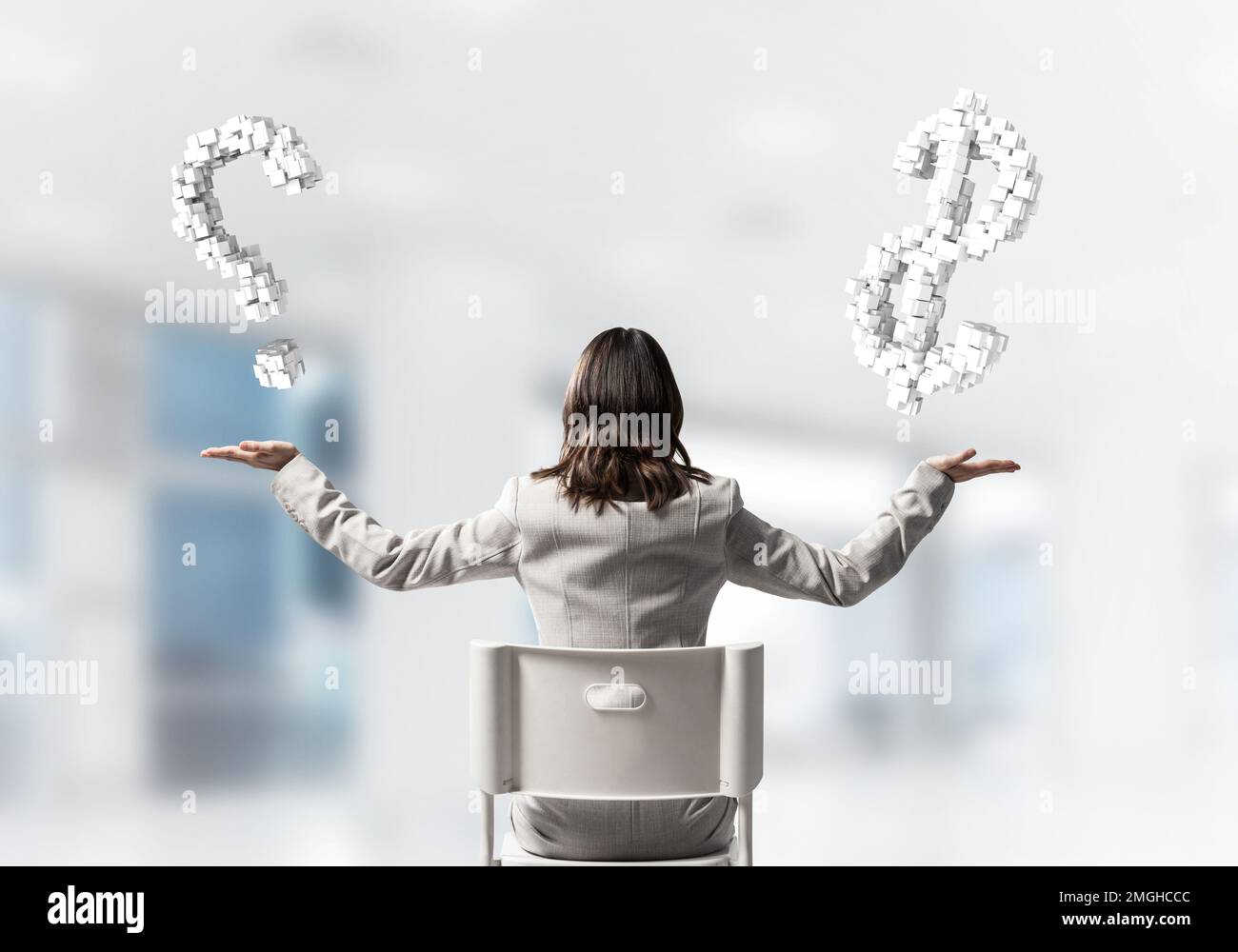 Woman showing balance gesture with dollar Stock Photo - Alamy