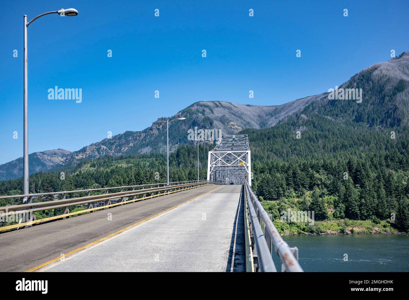 Silver metal truss transportation and cyclists bridge across Columbia ...