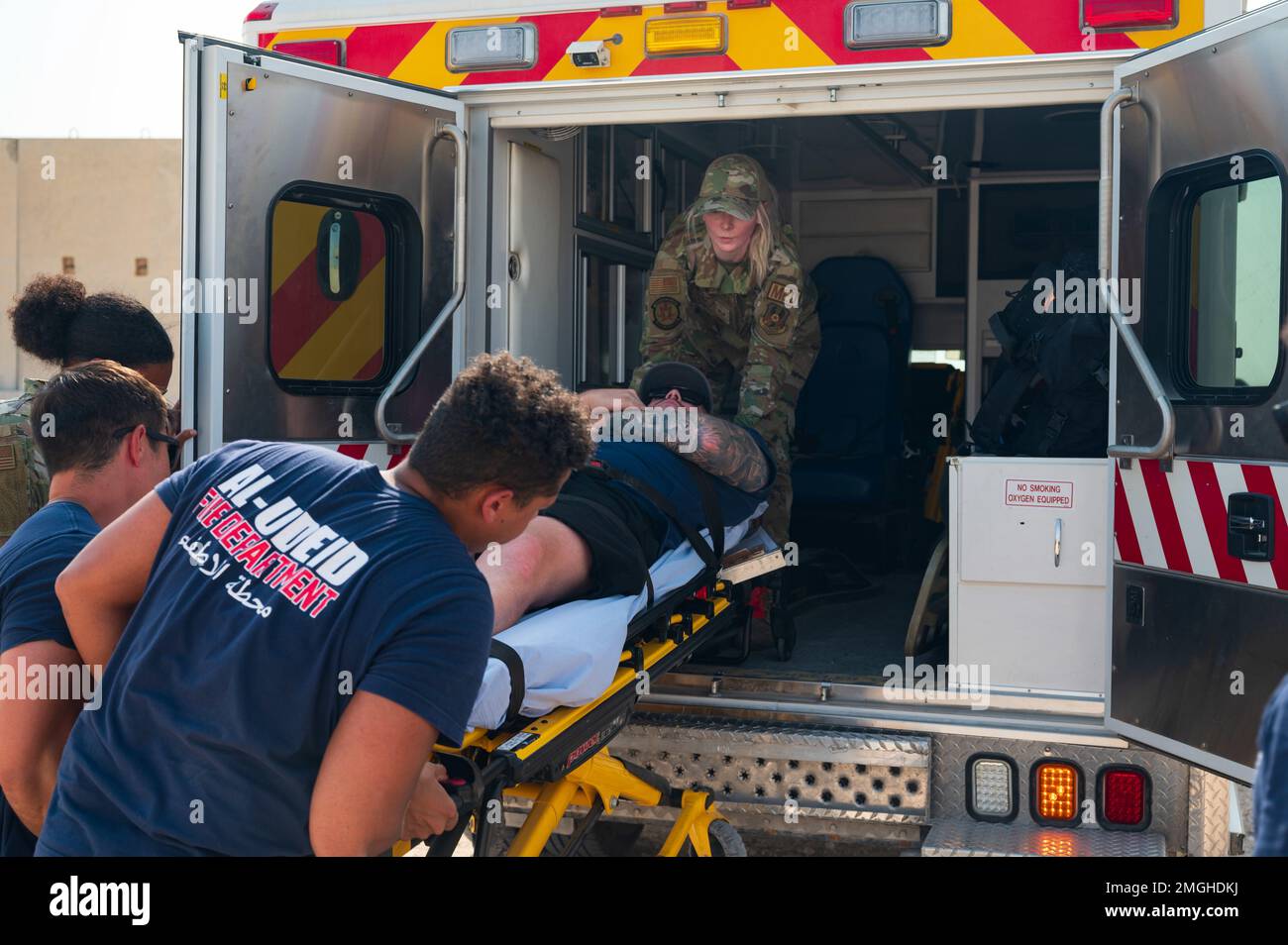 U.S. Air Force firefighters, in unison with USAF paramedics from the ...