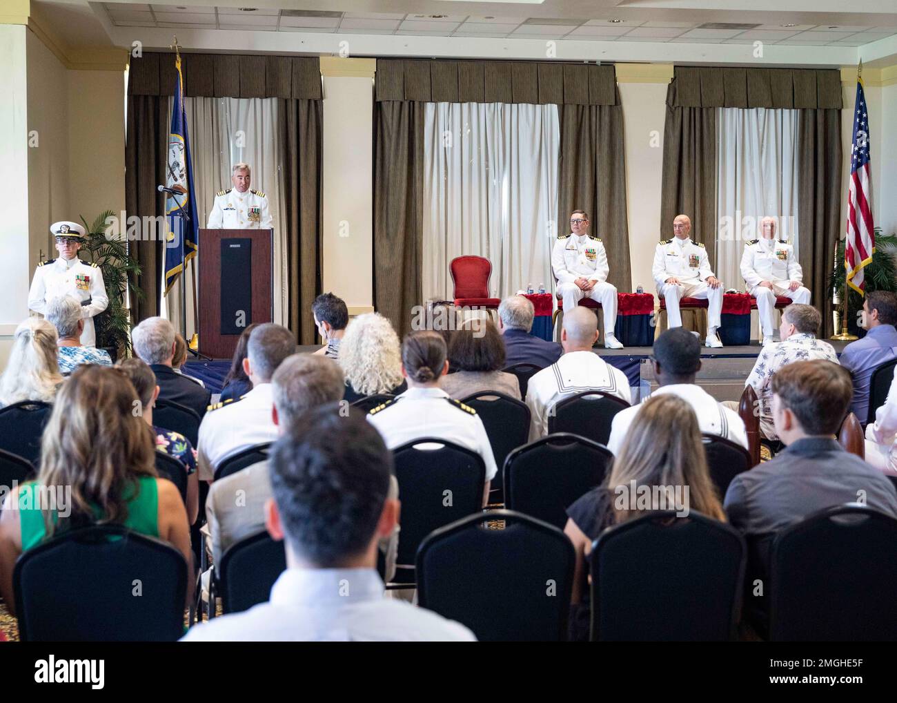 Capt. Brian Hogan, commodore, Submarine Squadron Eight, speaks during ...