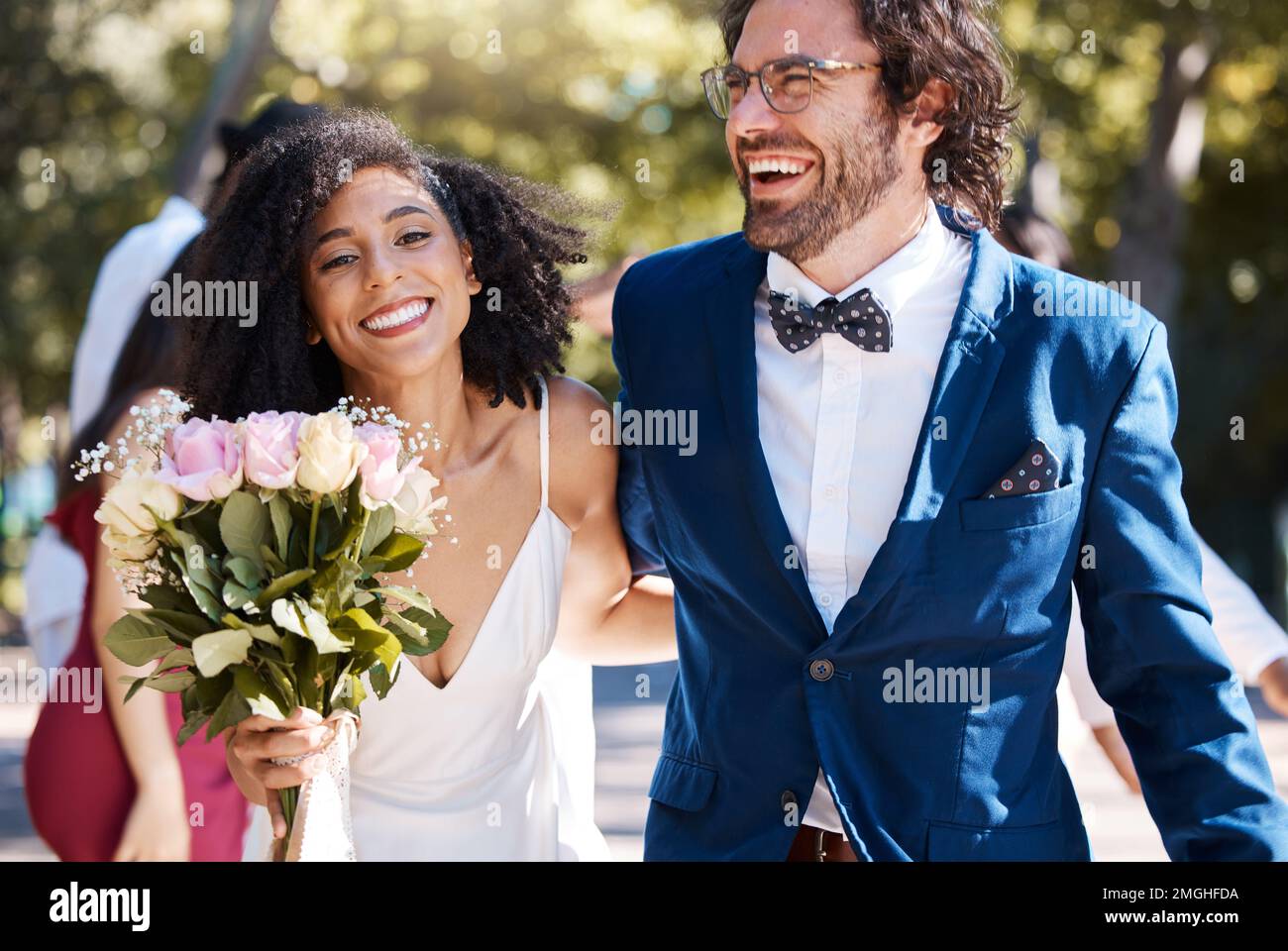 Wedding, happy couple and walking outdoor for marriage celebration ...