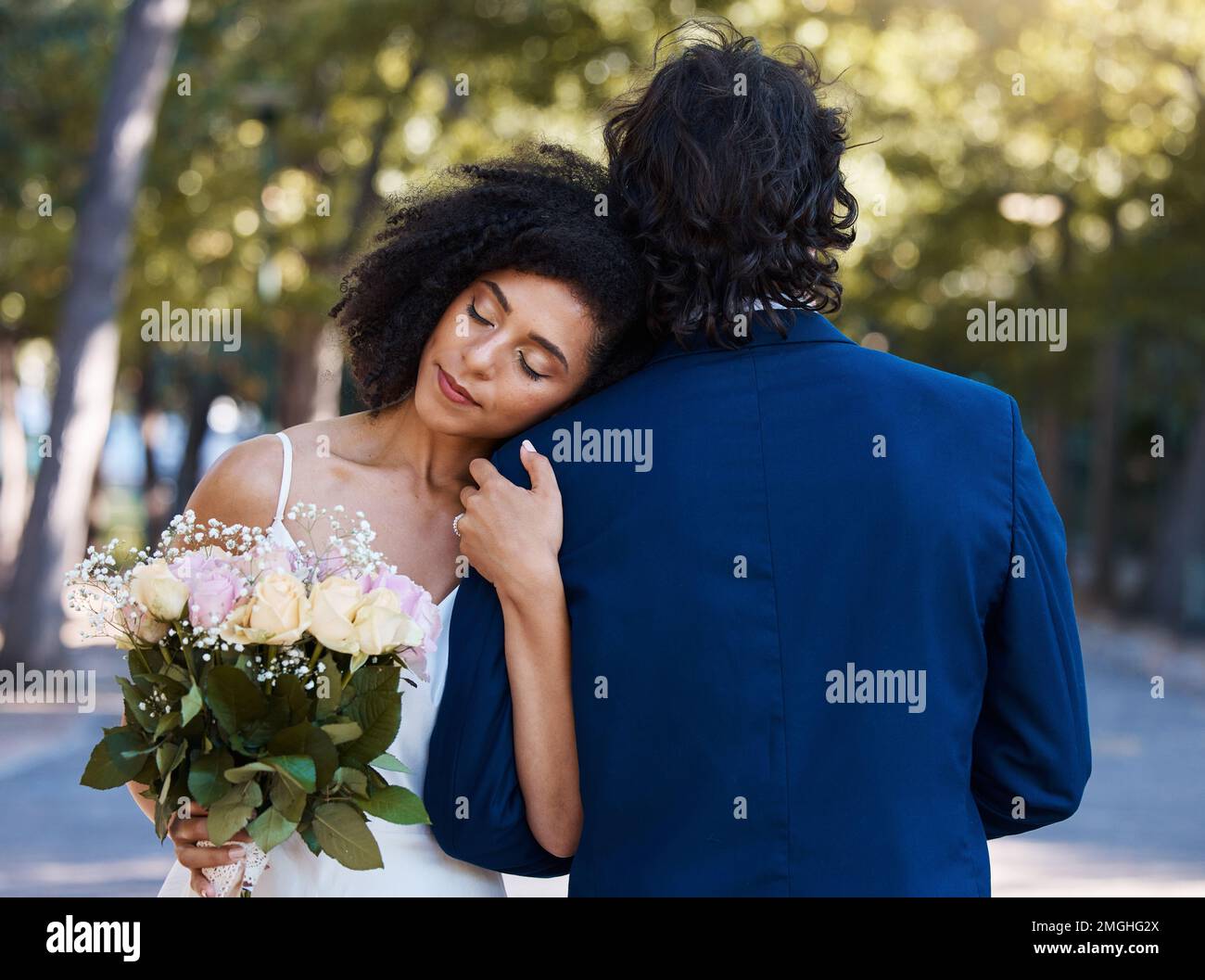 Married couple, bride and groom hug with love, care and celebration in ...