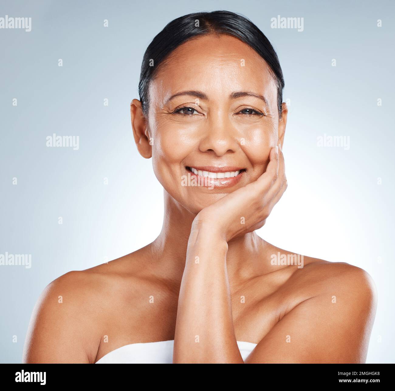 Portrait, elderly happy woman with smile and beauty mockup, skincare ...