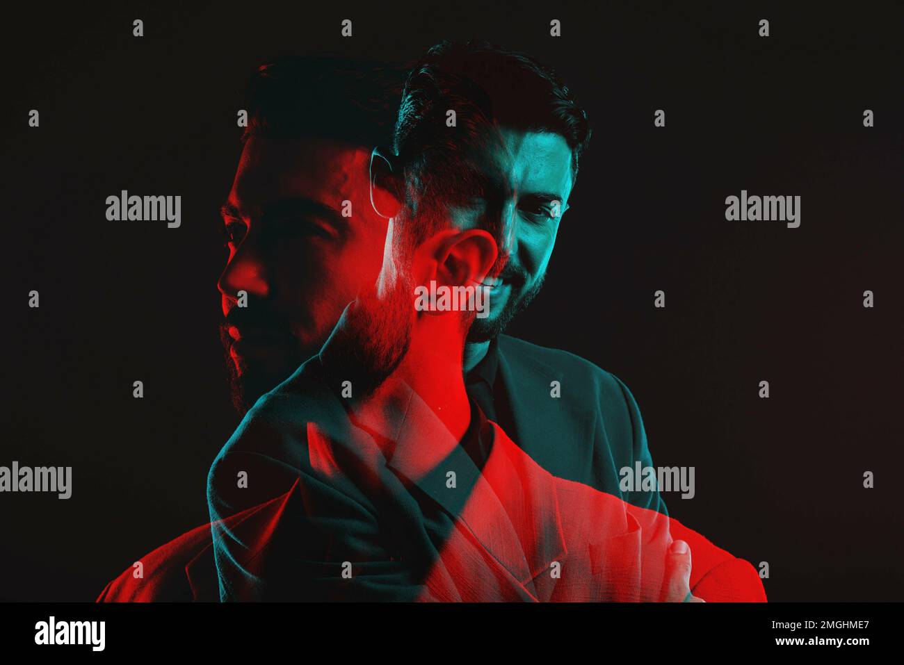 Fashion, double exposure and portrait of man with neon lighting in ...