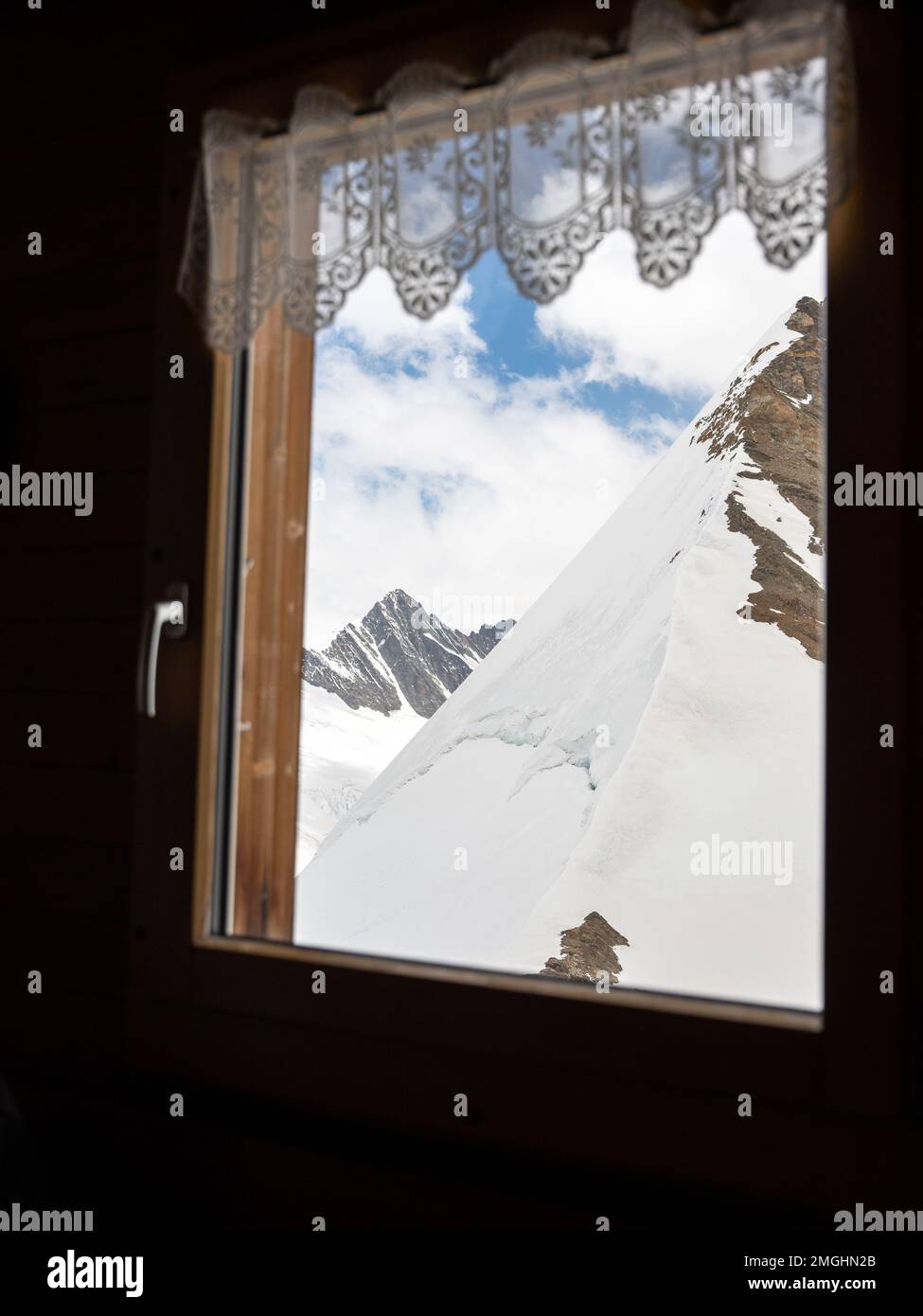 Apline view from window during winter in Switzerland Stock Photo - Alamy