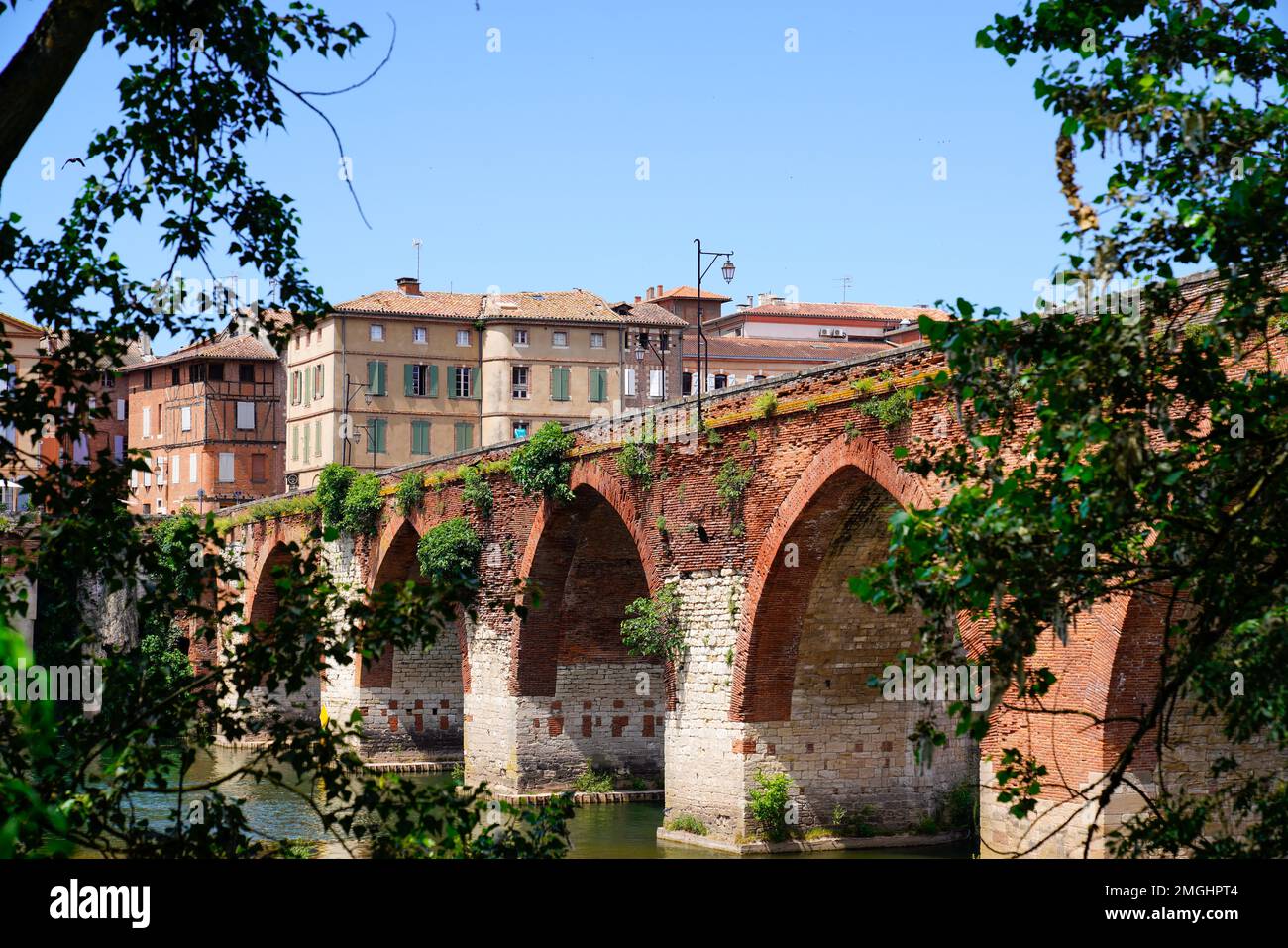 Albi medieval ancient red brick stone bridge over the Tarn river in ...