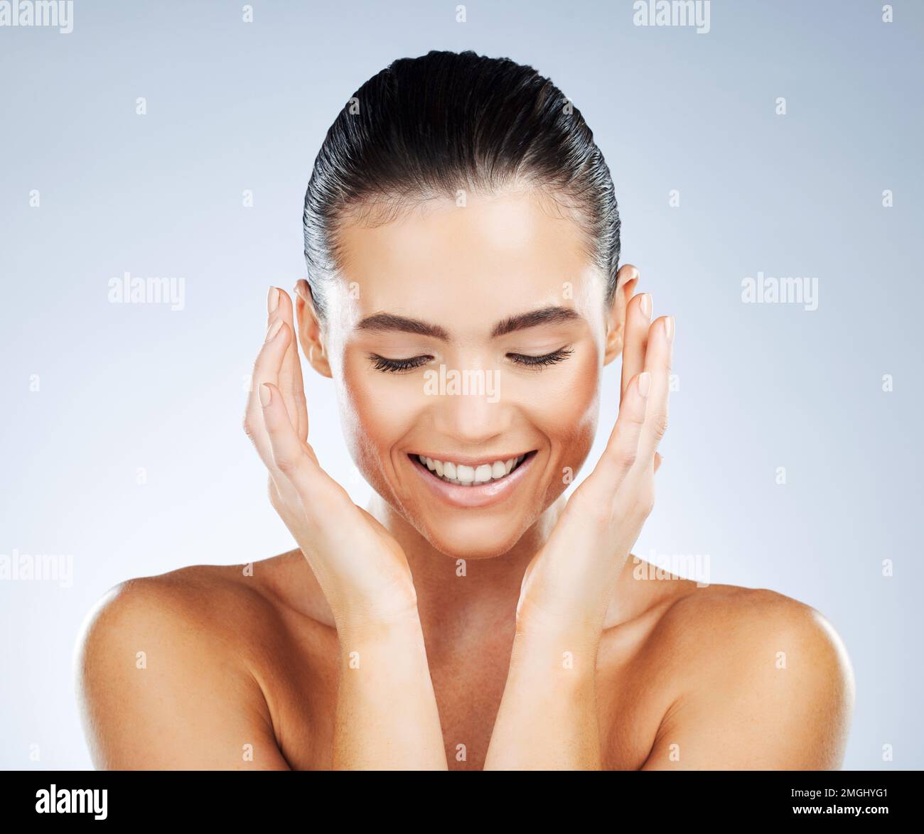 Happy, health and skincare of natural woman with smile for hydration ...