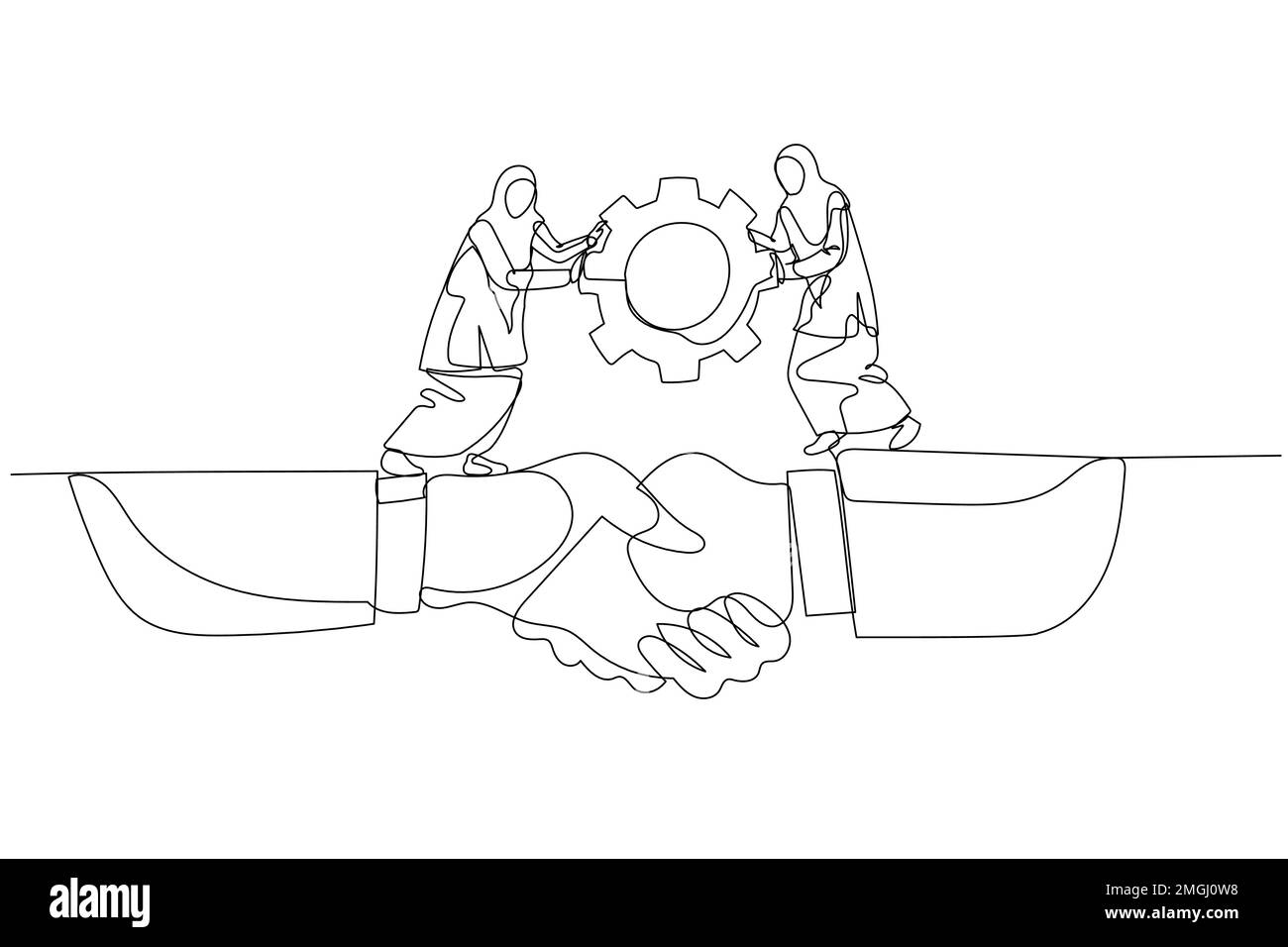 Drawing of muslim businesswoman team bring gear cogwheel across bridge ...