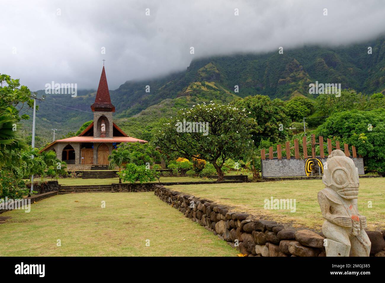 French Polynesia, Tahuata Island: Church of Vaitahu and traditional ...