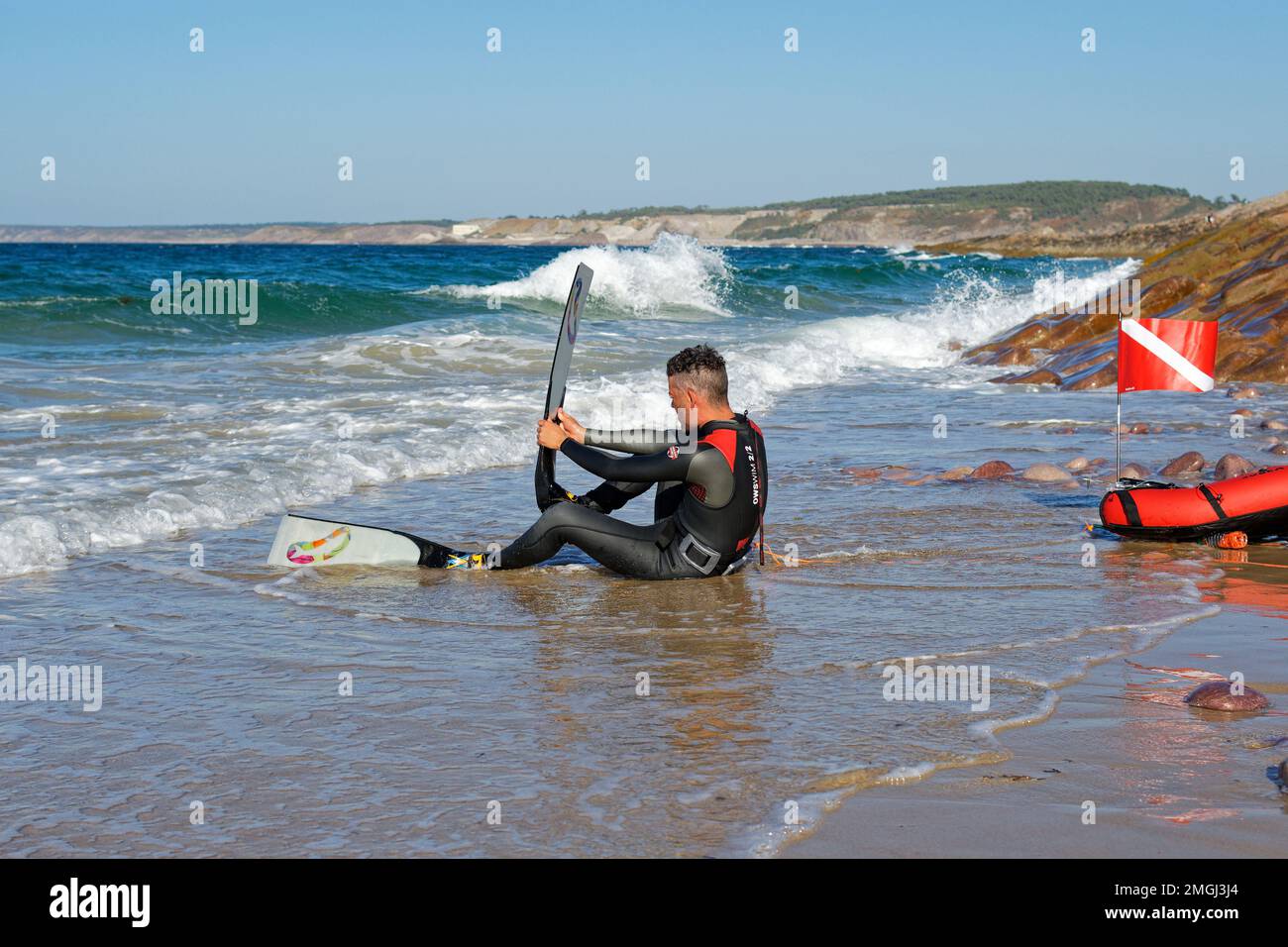 Erquy (Brittany, north-western France): man, spearfisherman, preparing ...