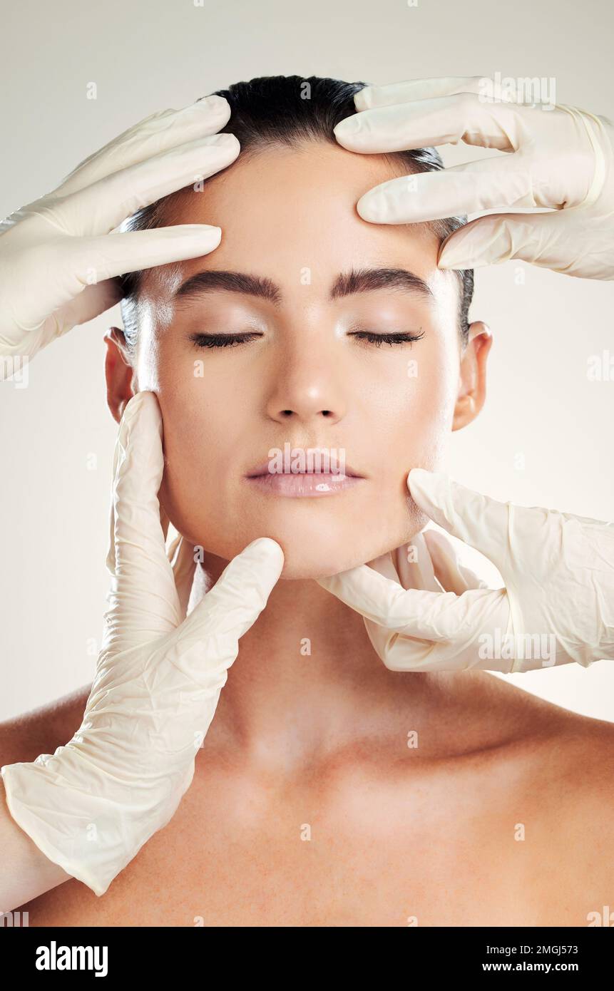 Skincare, plastic surgery and facial filler on woman with dermatology ...